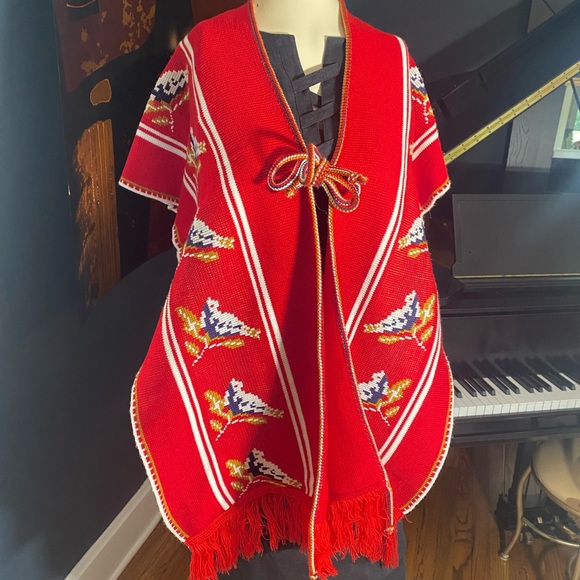hand made | Sweaters | Vtg Red Blue Gold Knit Bird Poncho W Arm Hole ...